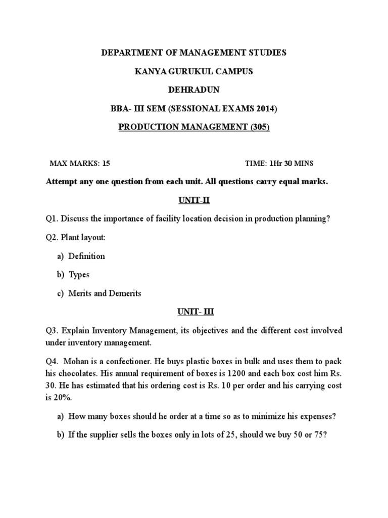 BBA Production Management Exam Questions | PDF | Art