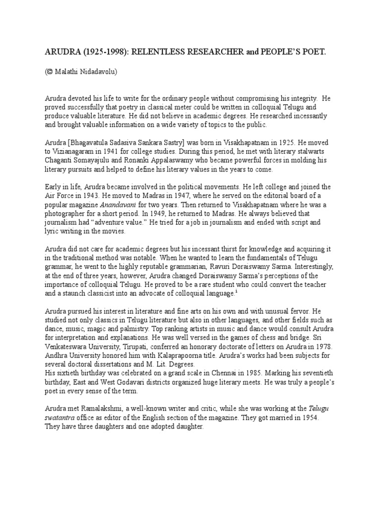 A Relentless Researcher and People's Poet: Arudra's Life Dedicated to ...