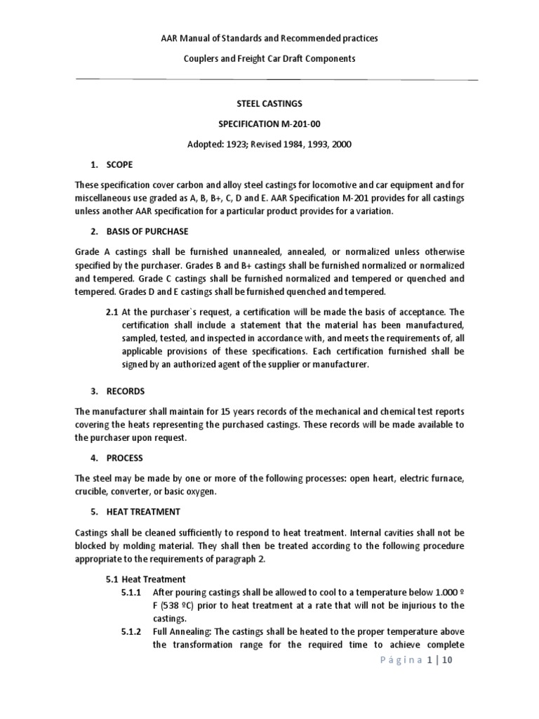 AAR M-201 Steel Castings Specification | PDF | Heat Treating | Welding