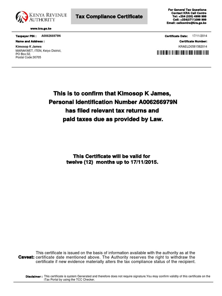 Tax Compliance Certificate | PDF | Finance & Money Management | Law