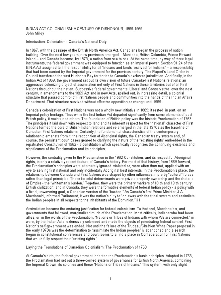 Indian Act Colonialism - A Century of Dishonour | PDF | First Nations ...
