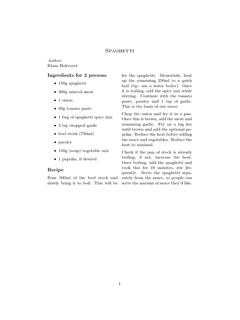 Spaghetti: Ingredients For 2 Persons | PDF