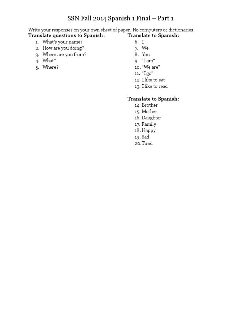 Spanish 1 Final Exam Translation Guide | PDF