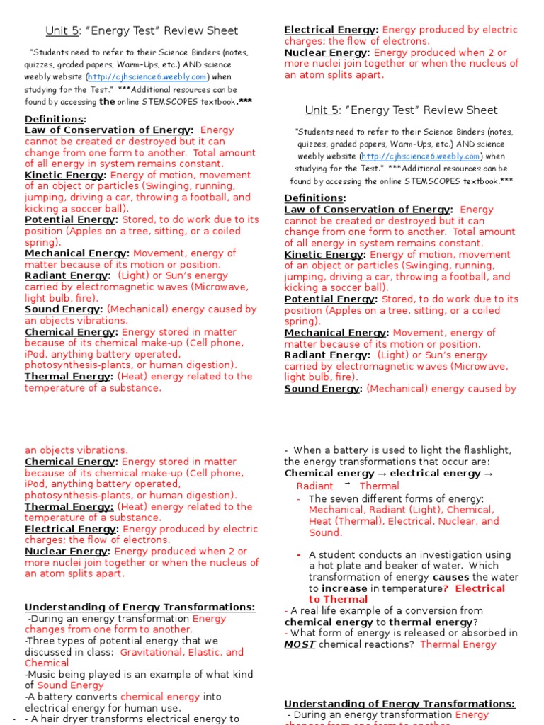 Energy Transformations Review Guide | PDF | Matter | Potential Energy