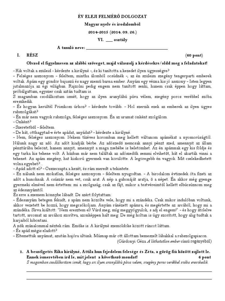 Év Eleji Felmérő Dolgozat 6. Osztaly 2014-2015 | PDF