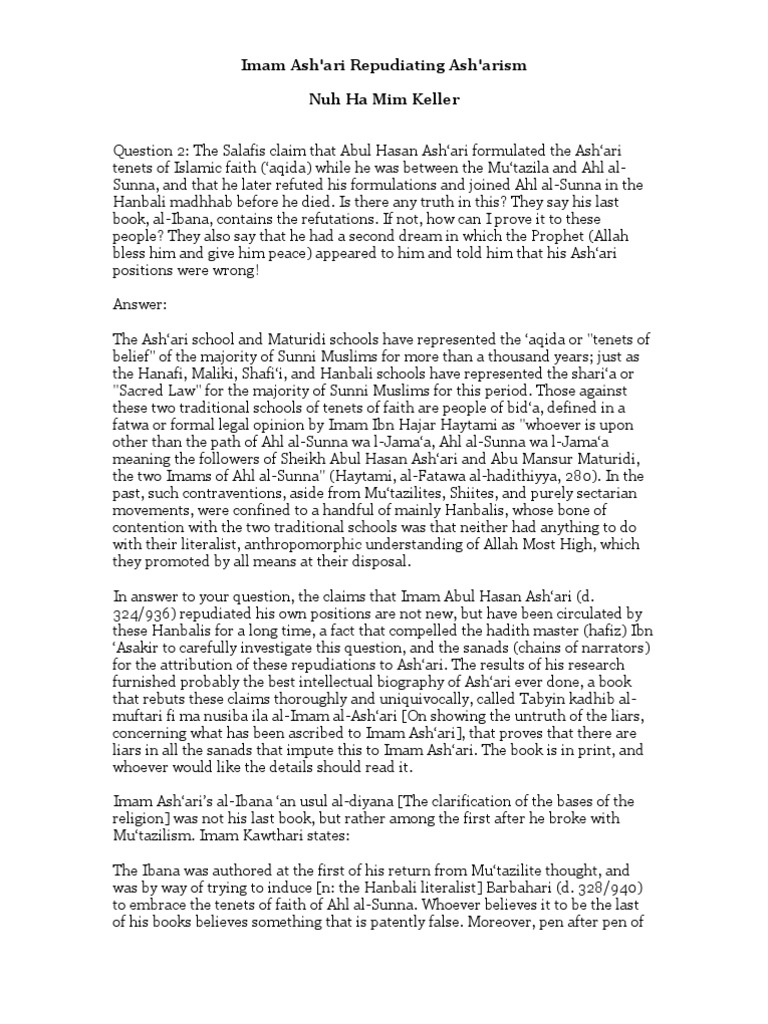 Nuh Ha Mim Keller - Imam Ashari Repudiating Asharism | PDF | Sunni ...