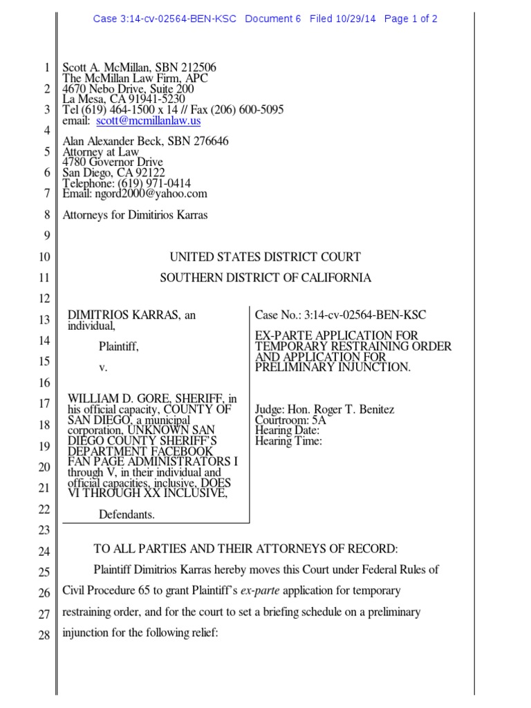 Filed 6 Ex Parte App For TRO & App For Prelim Injunction PDF | PDF | Ex ...