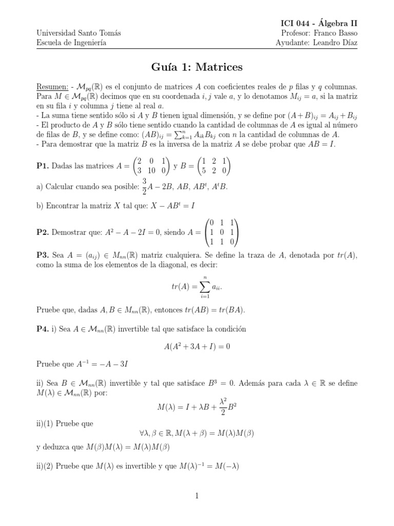 Guía de Álgebra II: Matrices y Problemas | PDF | Matriz (Matemáticas ...