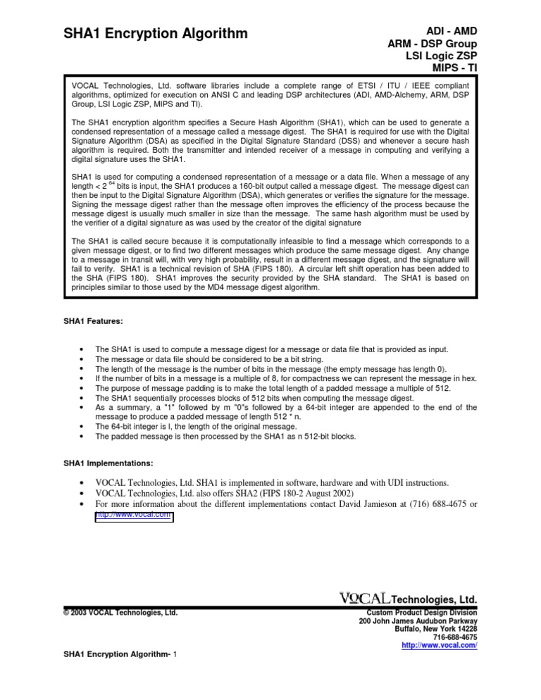 Sha1 Encryption Algorithm Adi Amd Arm Dsp Group Lsi Logic Zsp Mips Ti Pdf Digital 4300