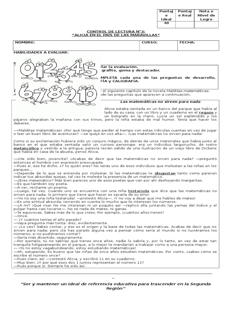 Prueba Alicia en El Pais de Las Maravillas | PDF | Las aventuras de ...