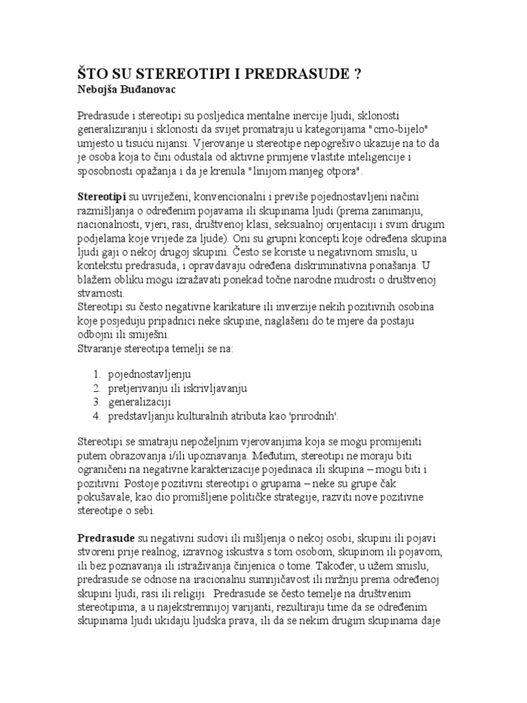 Što Su Stereotipi I Predrasude | PDF