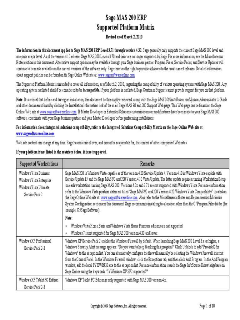 MAS 200 Supported Platforms Matrix | PDF | Business
