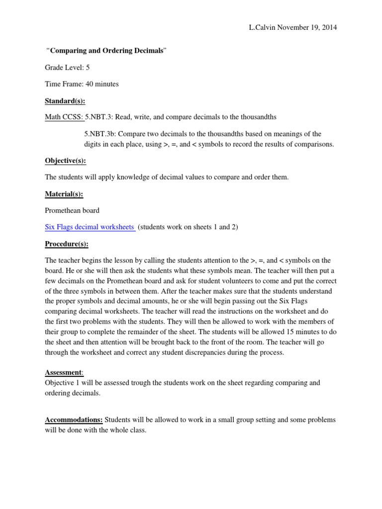 Comparing and Ordering Decimals Lesson | PDF | Career & Growth ...