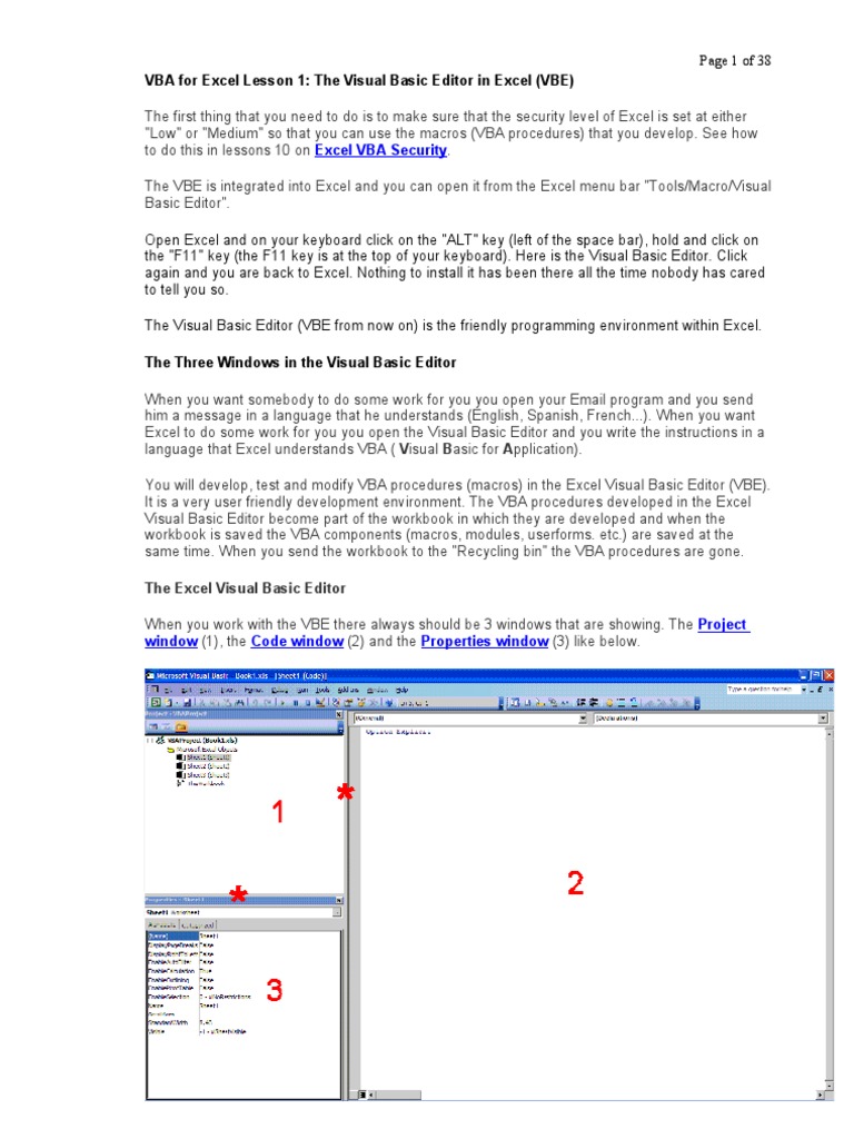 Page 1 of 38 VBA For Excel Lesson 1: The | PDF | Microsoft Excel | Visual Basic For Applications