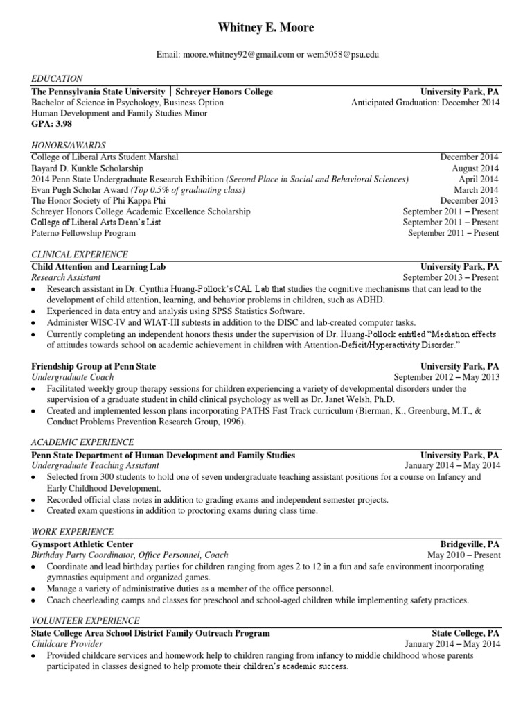 whitney moore resume | Pennsylvania State University | Teaching Assistant