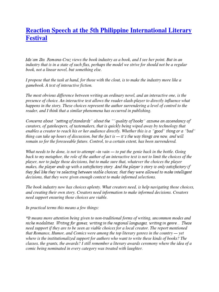 Reaction Speech at The 5th Philippine International Literary Festival ...