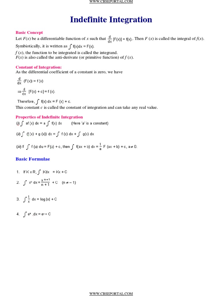 Study Notes CLass XII Maths Indefinite Integration | PDF
