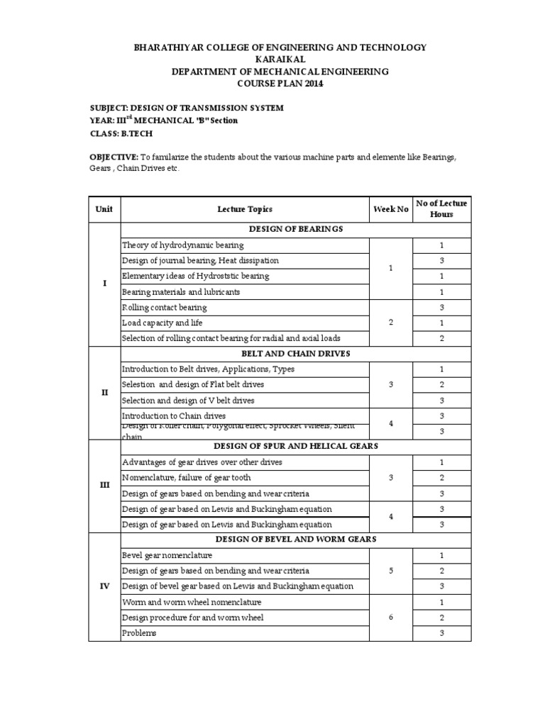 Transmission System Design Course Plan | PDF | Gear | Transmission ...