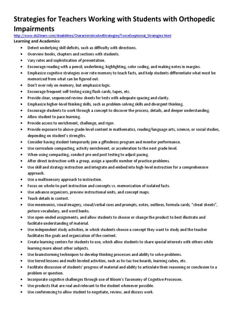 Teaching Strategies for Orthopedic Impairments | PDF | Homework ...