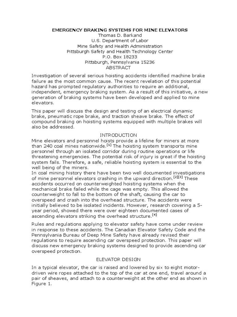 Emergency Braking Systems For Mine Elevators | PDF | Elevator | Brake