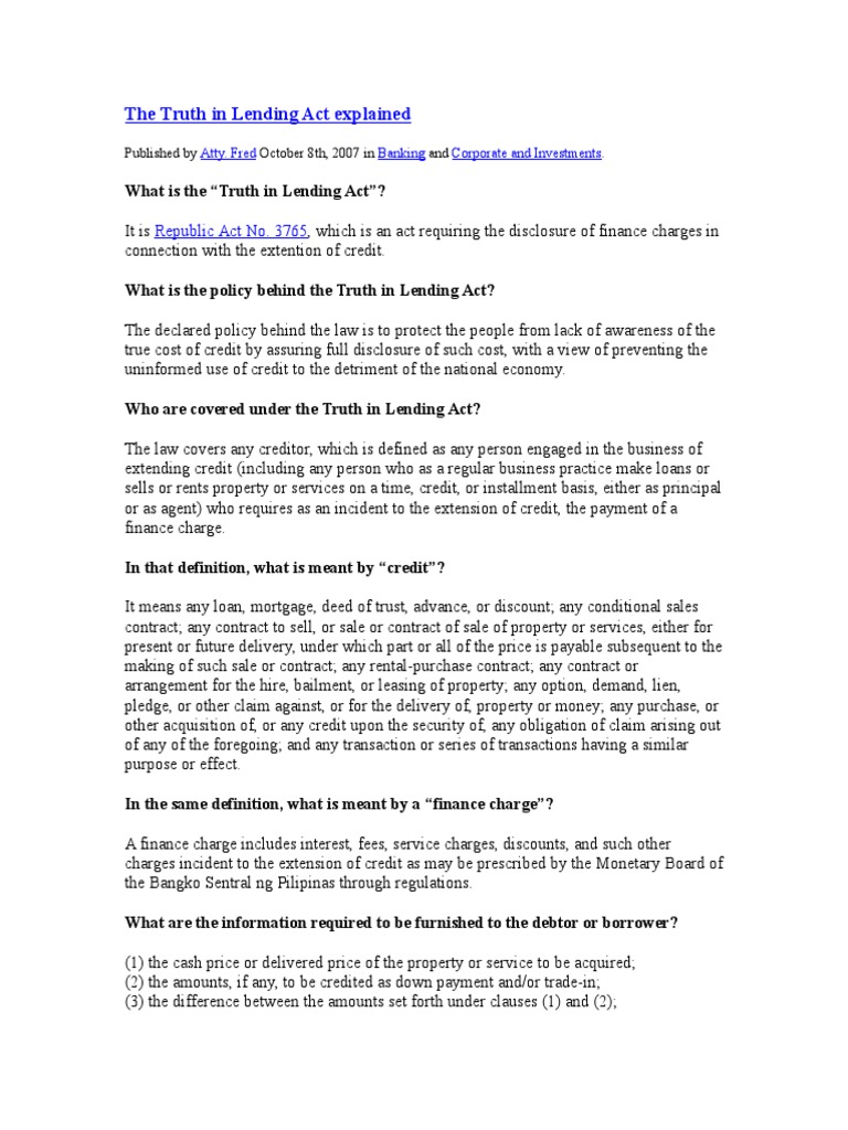 The Truth in Lending Act Explained | PDF | Mortgage Loan | Loans