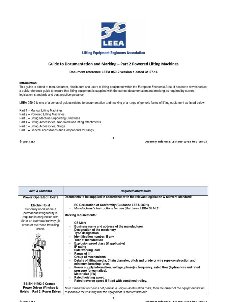 LEEA-059-2 Documentation and Marking - Part 2 Powered Lifting Machines | PDF | Crane (Machine ...