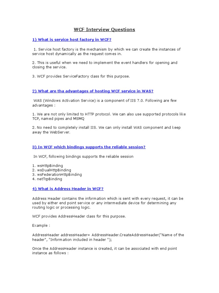 WCF Interview Questions: 1) What Is Service Host Factory in WCF? | PDF ...