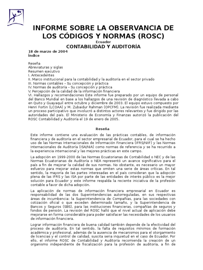 Informe ROSC Ecuador | PDF | normas internacionales de INFORMACION FINANCIERA | Auditoría financiera