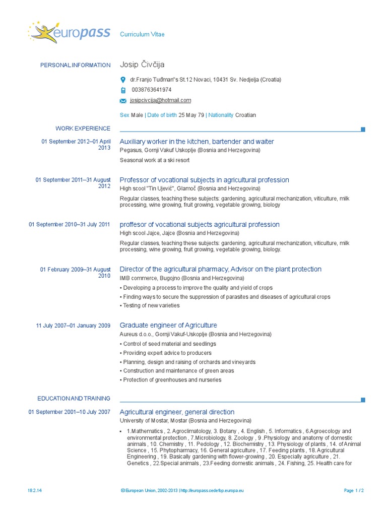 Europass CV 20140218 EN | PDF | Agriculture | Nature
