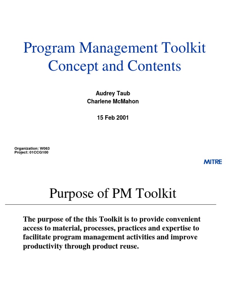 Program Management Toolkit Concept and Contents: Audrey Taub Charlene Mcmahon | PDF | Risk ...