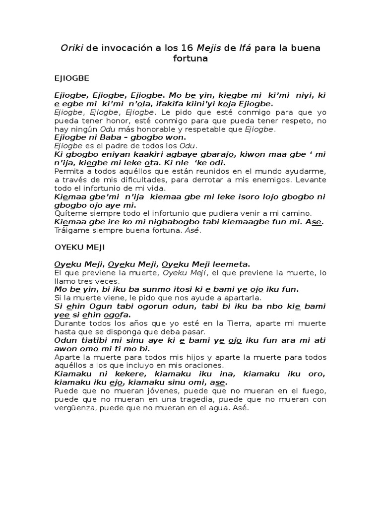 Oriki de Invocación A Los 16 Mejis de Ifá para La Buena Fortuna | PDF ...