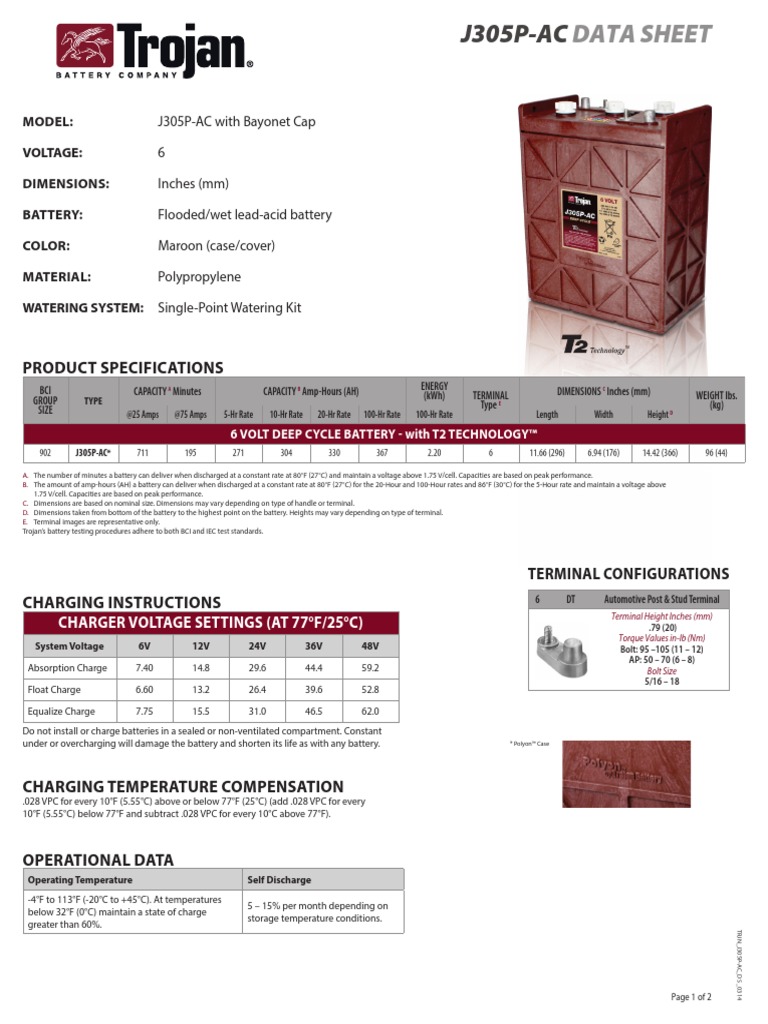 J305PAC Trojan Data Sheets | PDF | Battery (Electricity) | Battery Charger