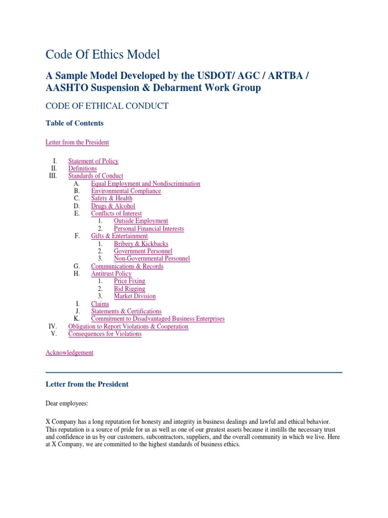 Code of Ethics Model: A Sample Model Developed by The USDOT/ AGC ...