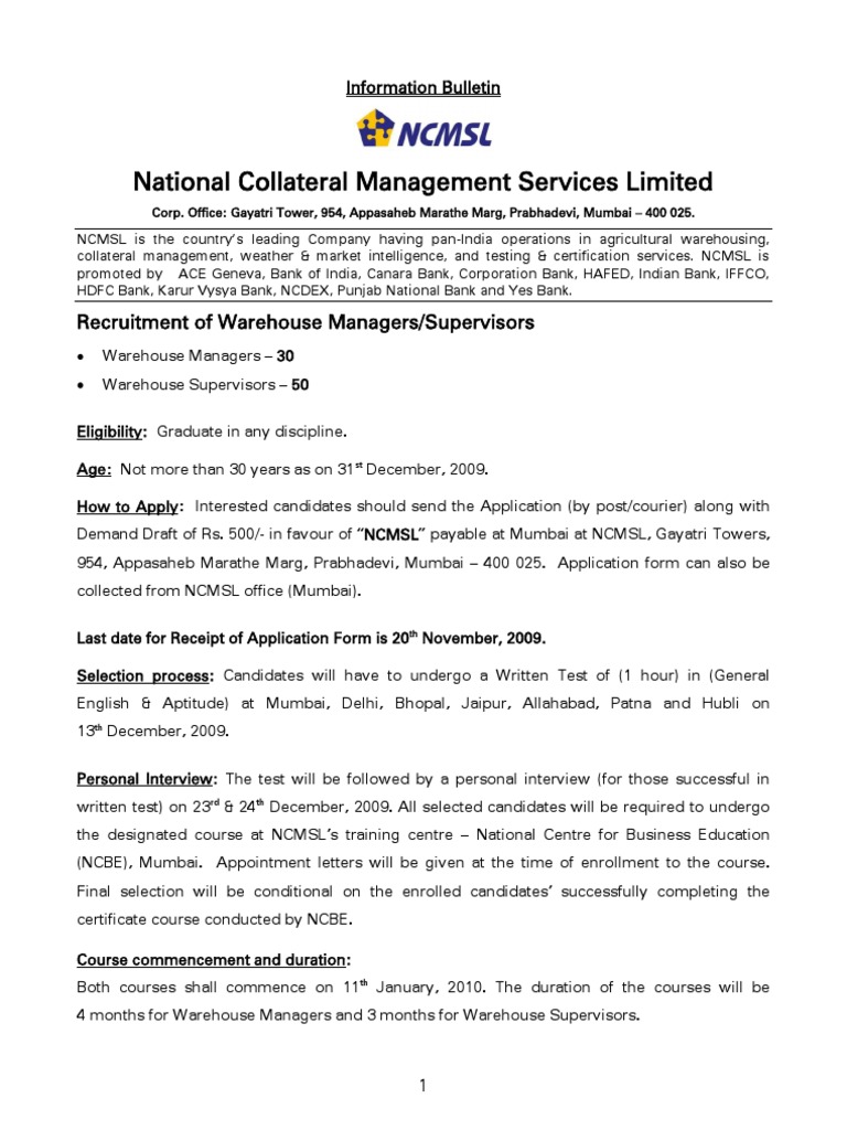 National Collateral Management Services Limited: Recruitment of ...