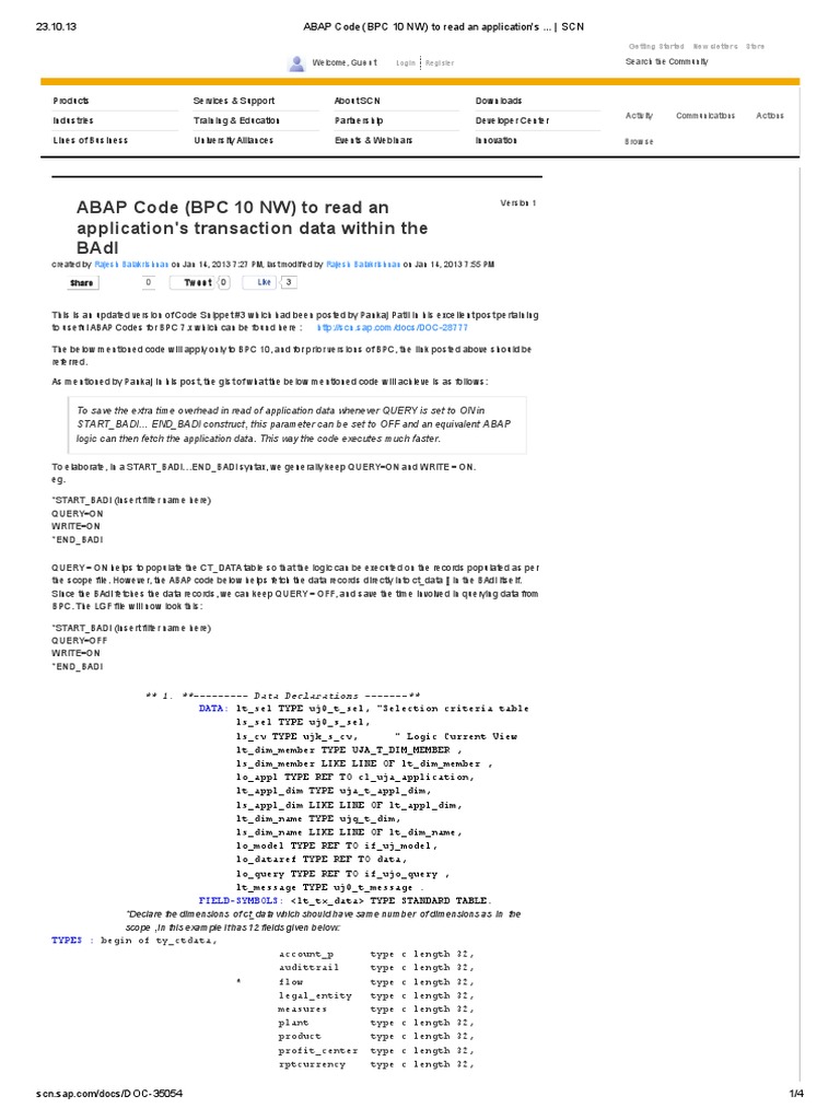 ABAP Code (BPC 10 NW) To Read An Application's Transaction Data Within The BAdI | PDF ...