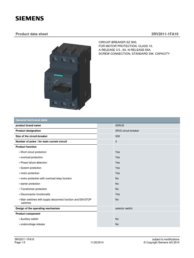Product Data Sheet 3RV2011-1FA10 | Download Free PDF | Switch ...