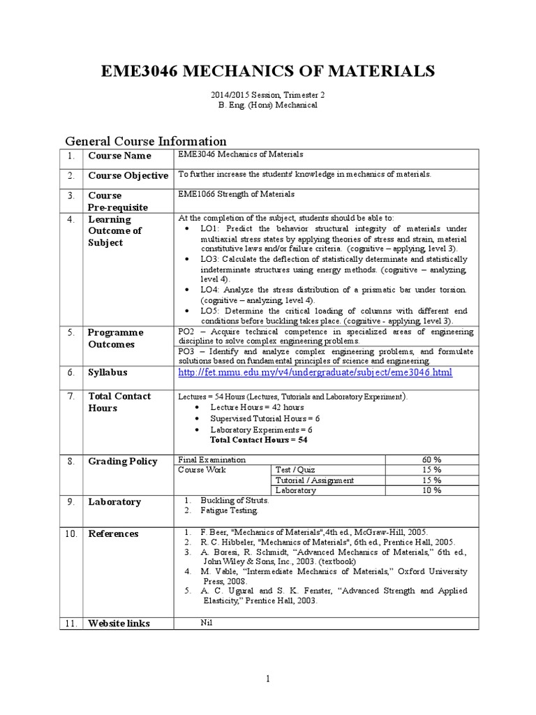 OBE-Lecture-Plan-Mechanics of Materials - 2013-14 - Rev1 | PDF | Linear ...