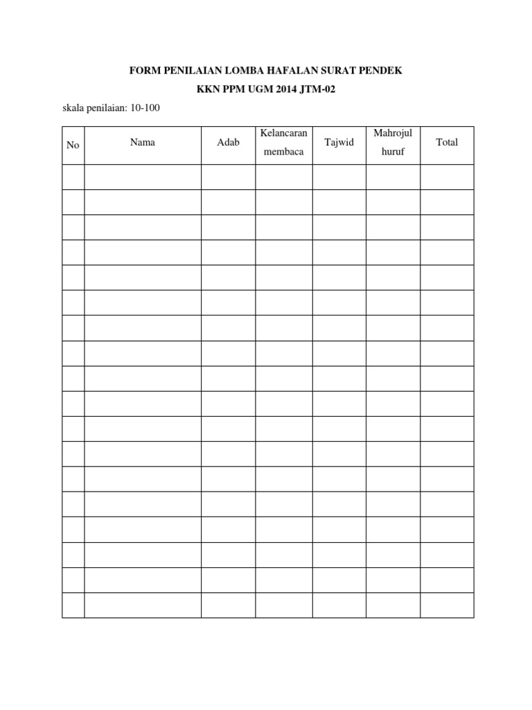 Form Penilaian Lomba Hafalan Surat Pendek | PDF