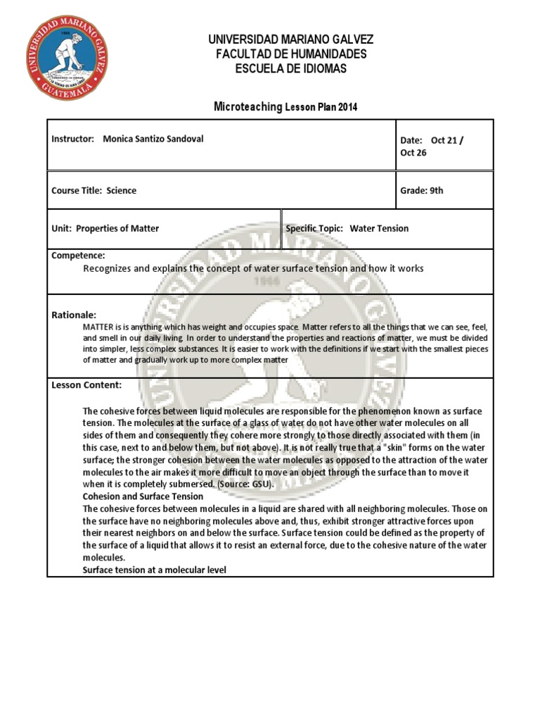 Water Surface Tension Lesson Plan | PDF | Properties Of Water | Surface ...