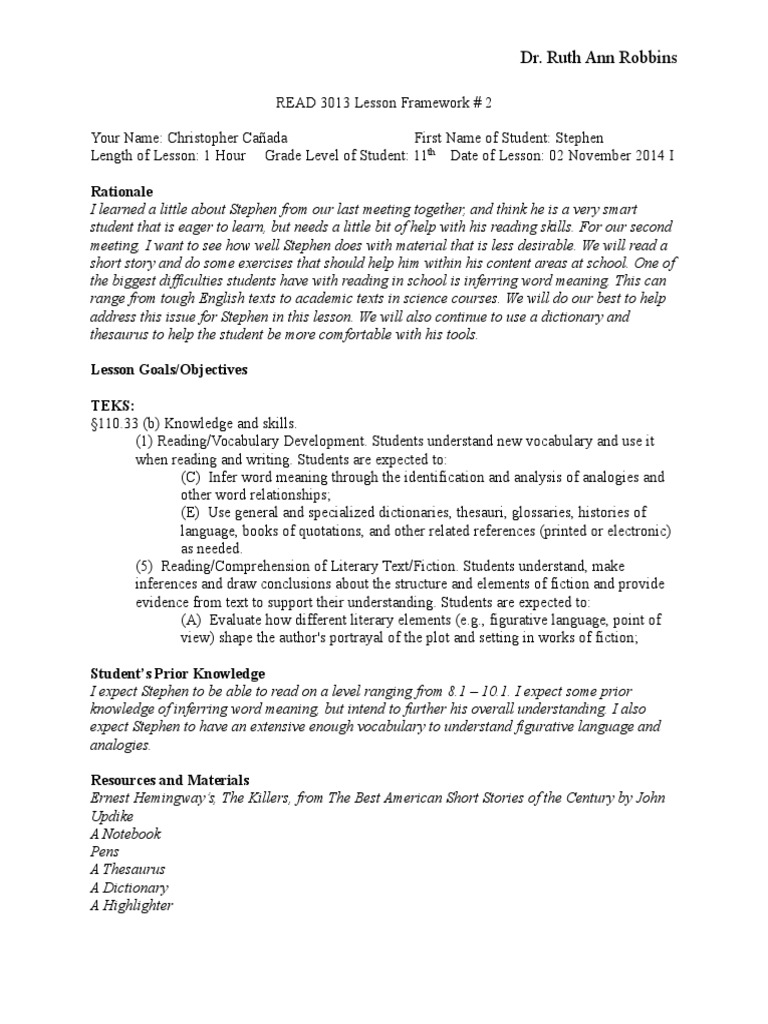 Reading Lesson Plan 2 | PDF