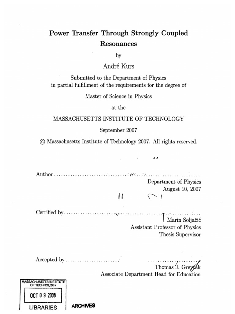 Power Transfer Through Strongly Coupled Resonances - MIT - Thesis | PDF