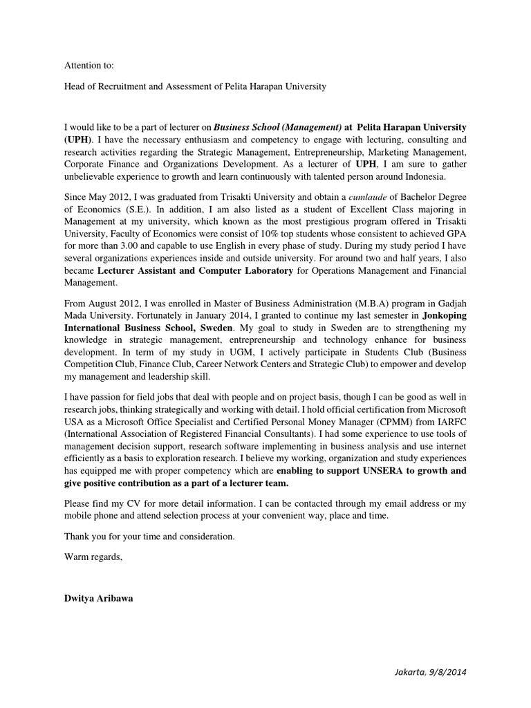 Cover Letter example confidential Dwitya Aribawa | Master Of Business ...