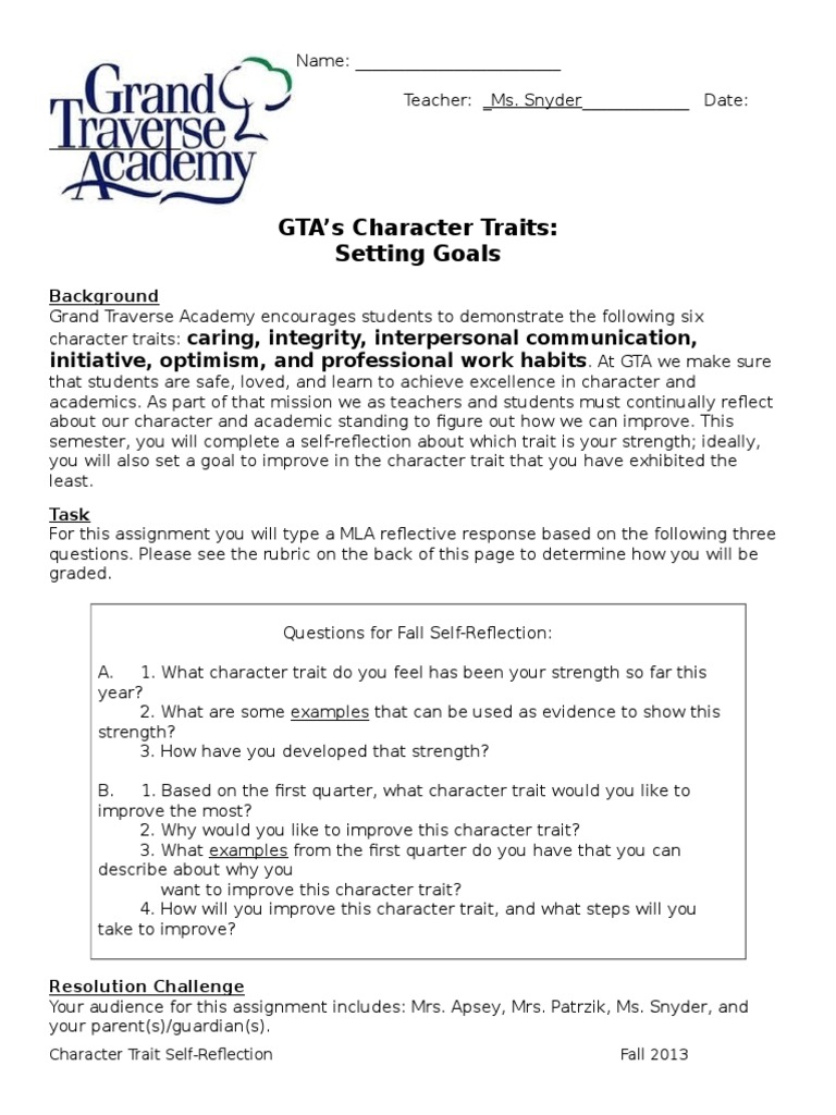 Character Trait Self-Reflection Guide | PDF | Optimism | Psychology