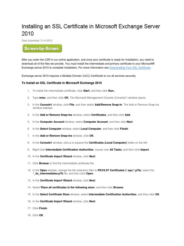 Install SSL Certificate in Exchange 2010 | PDF | Public Key Certificate ...