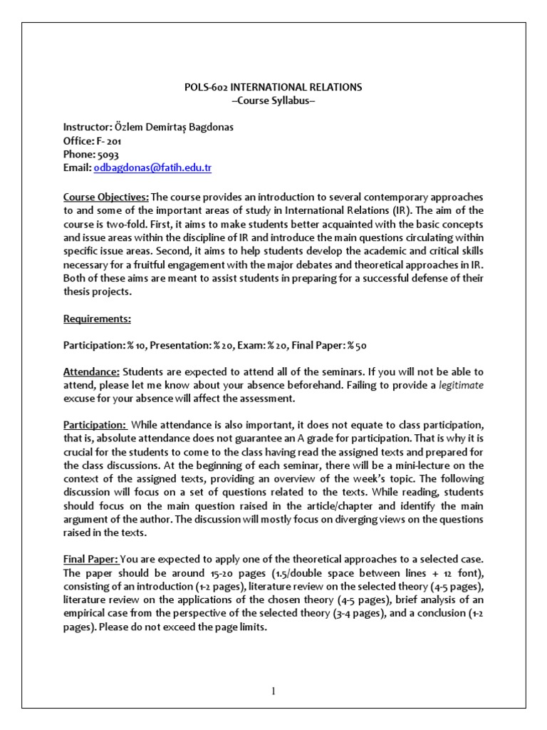 International Relations Course Syllabus | PDF