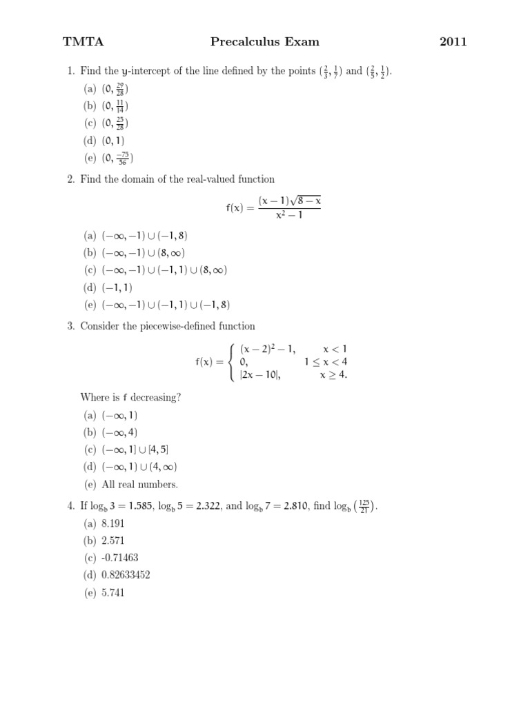 Tmta Precalculus Exam 2011 | Download Free PDF | Polynomial | Function ...