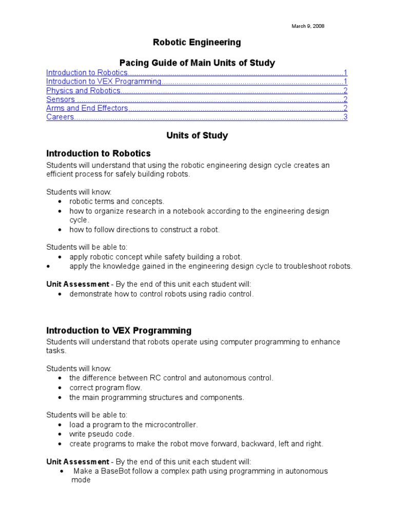 REC - Pacing Guide - Units of Study 20080813 | PDF | Robotics | Robot