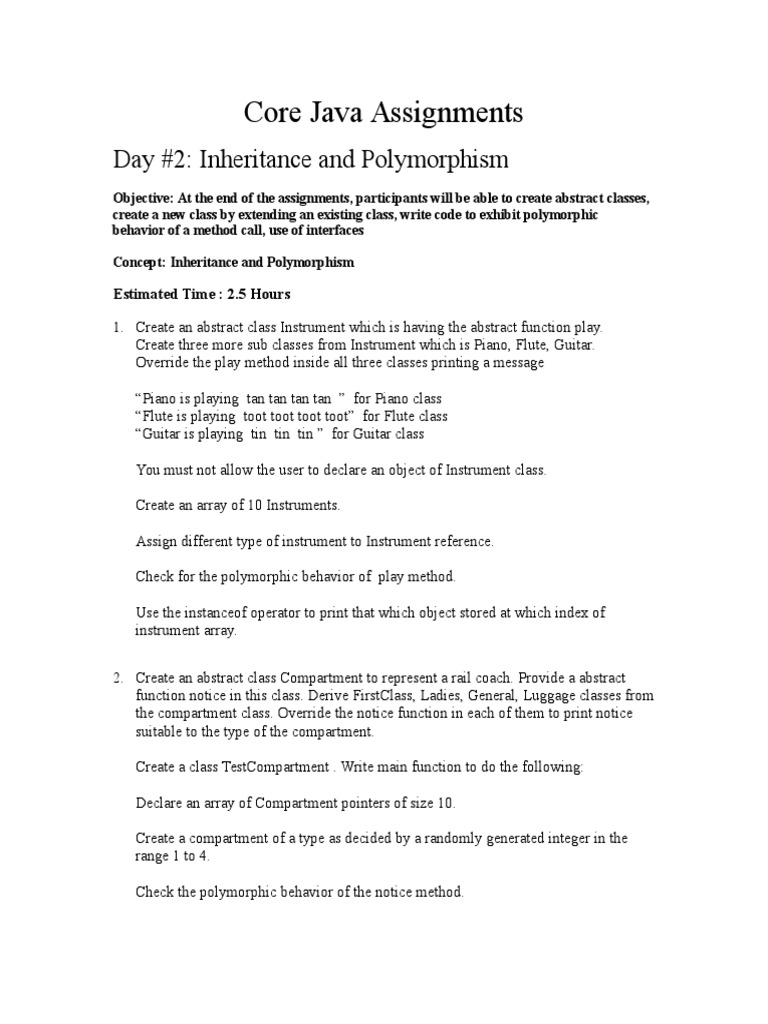 Core Java Assignments Day 2 Inheritance And Polymorphism Pdf Method Computer Programming 