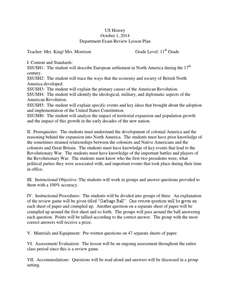 Us History Lesson Plan 1 Dept Exam Review | PDF | American Revolution ...