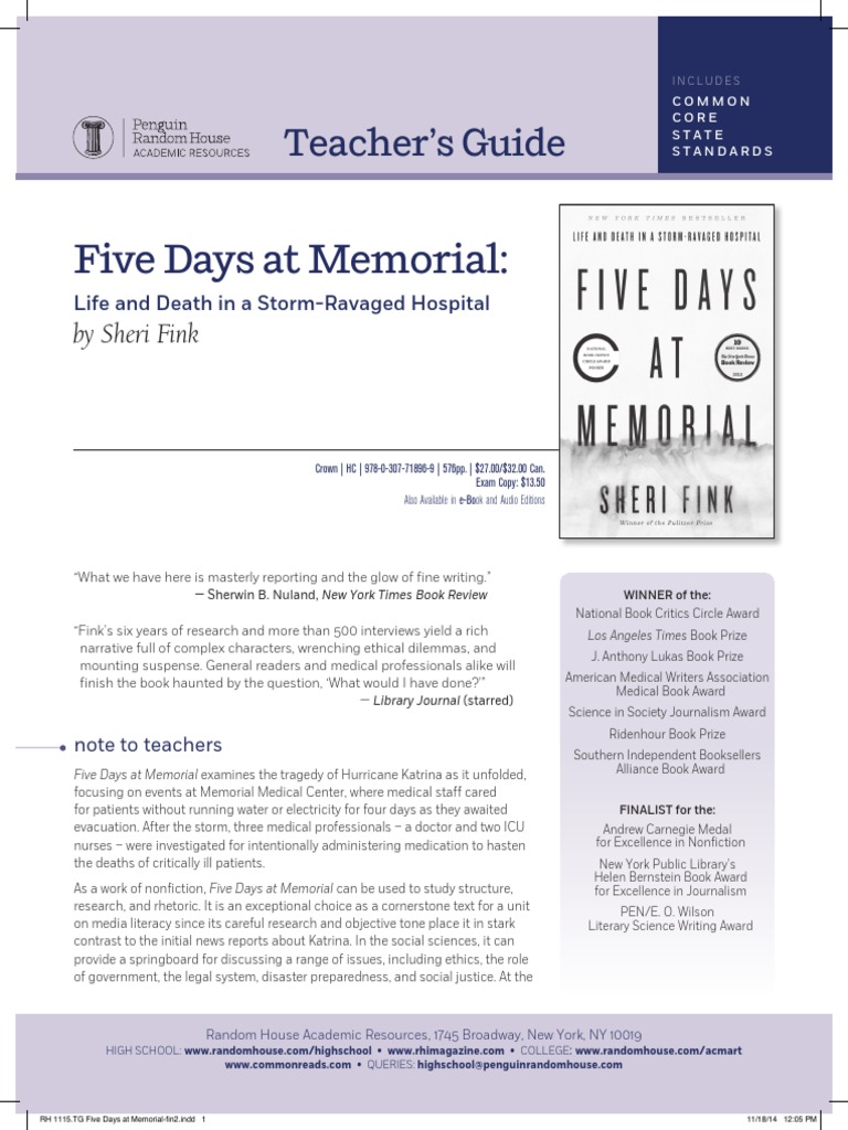 Five Days at Memorial Teacher's Guide | PDF | Wellness | Medical